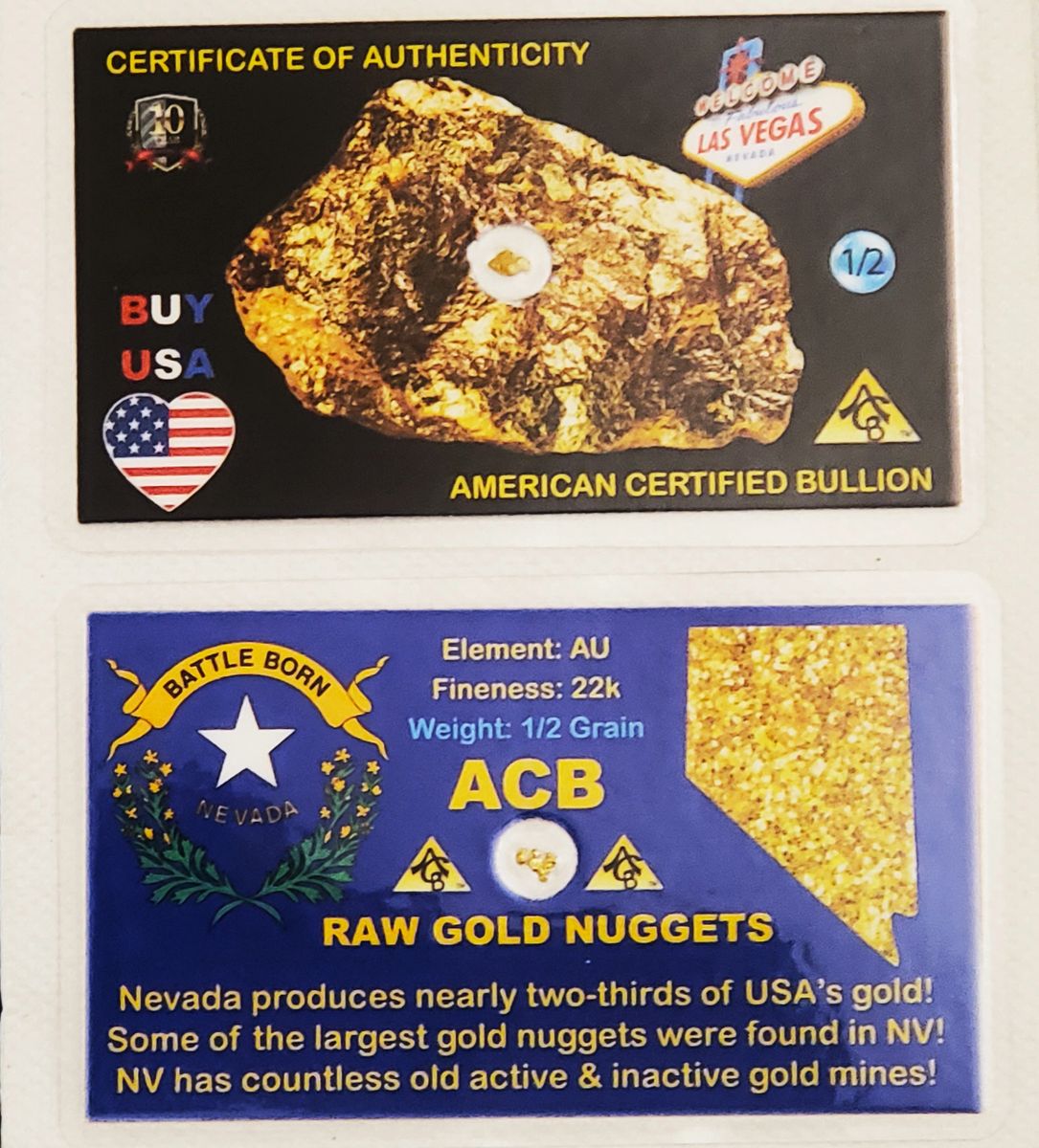 24k GOLD HALF (1/2) GRAIN NEVADA STATE COLLECTIBLE NUGGET Certificate ...